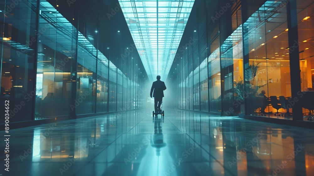 An office worker with a mobility scooter navigating through an ...