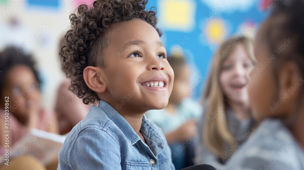 A close-up of a smiling little boy in a classroom, surrounded by happy ...