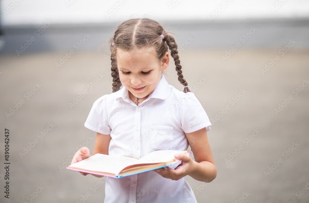 Cute girl reading a book near school. A child in the schoolyard during ...