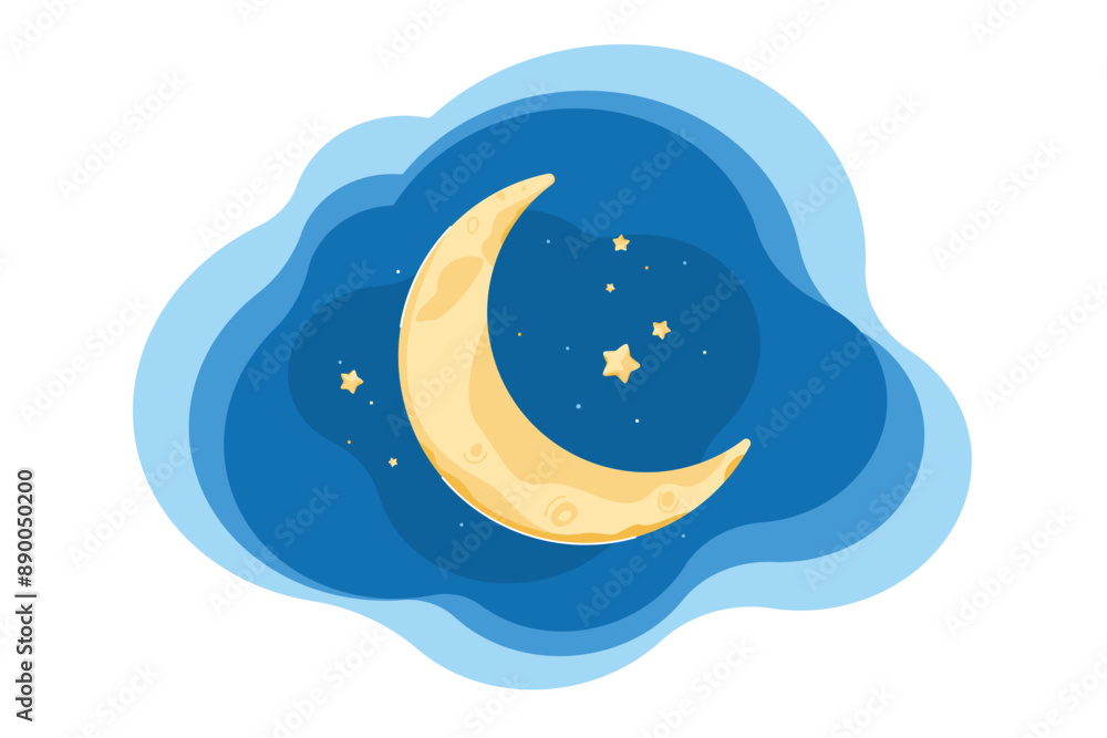 Childrens magic poster. Moon and stars at night sky. Sweet crescent ...