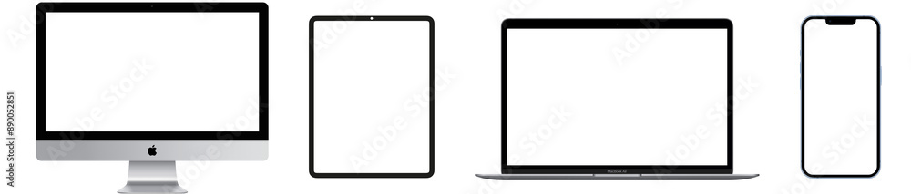 Realistic set of apple devices in a row of iPhone, iMac, iPad, Macbook ...