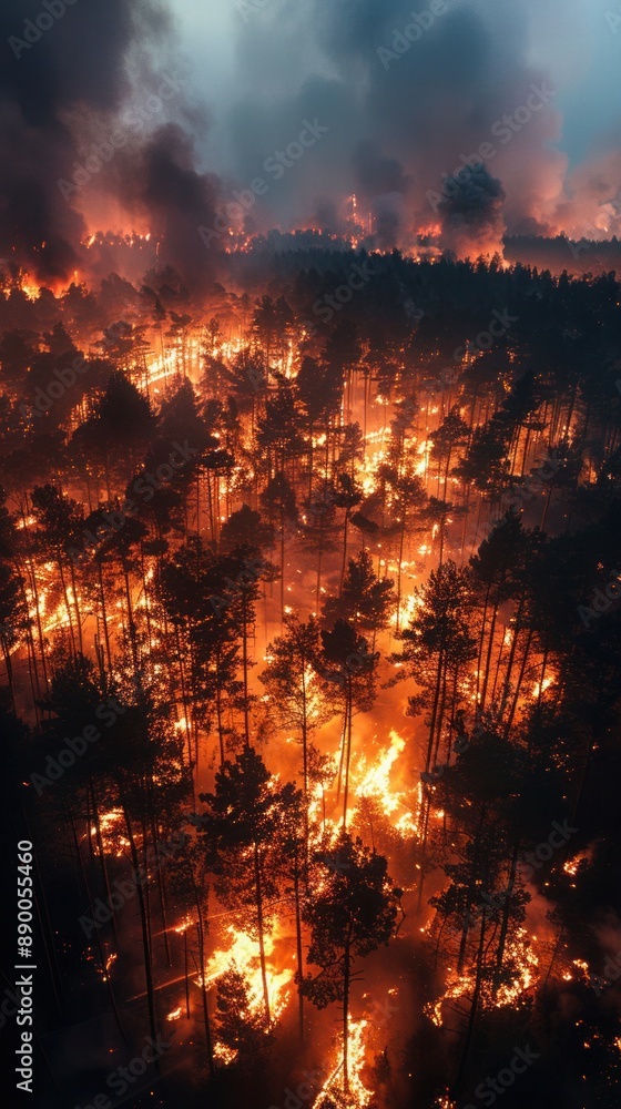Devastating scene of a forest ablaze, with trees consumed by wildfire ...