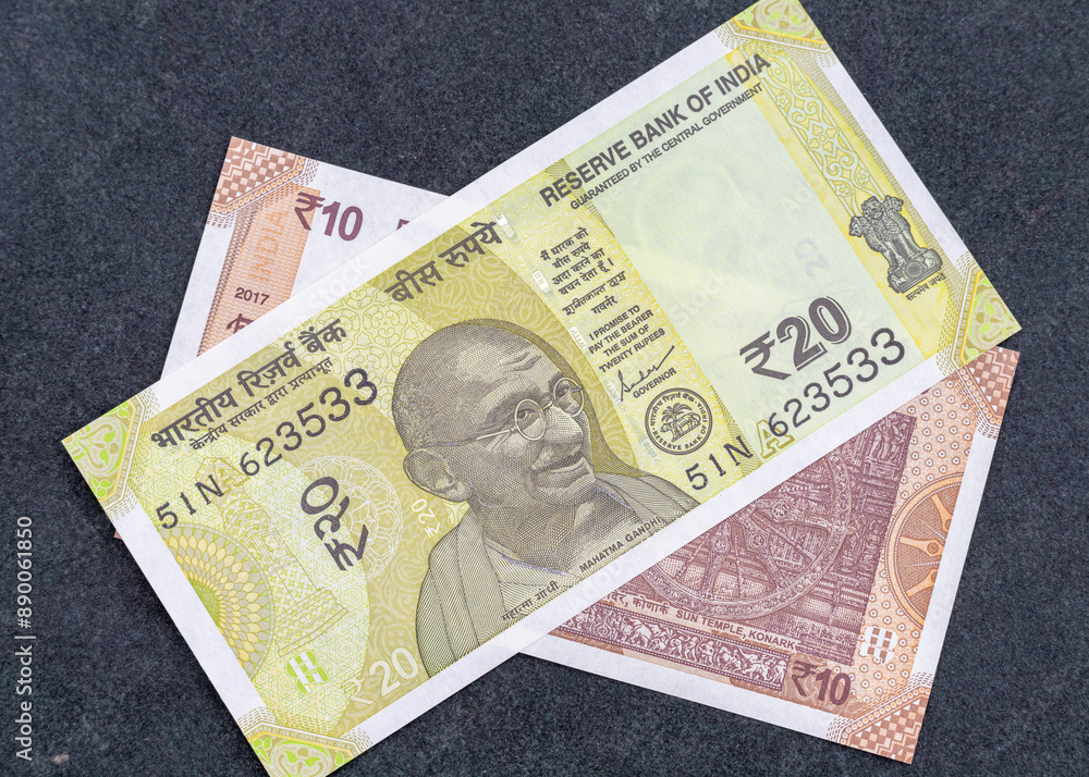 Mahatma Gandhi portrait on indian ten and twenty currency banknotes ...