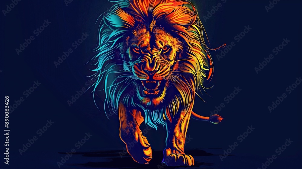 Lion, dynamic pose, mascot photoshop illustration, bold double outline ...