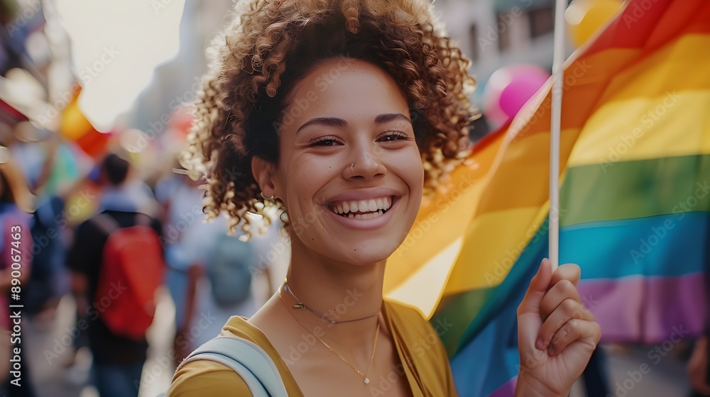 Grinning, a young activist lady holds the rainbow flag, a symbol of the ...