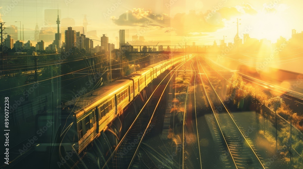 Train Tracks Leading to a Sunset Cityscape - A train speeds towards a ...