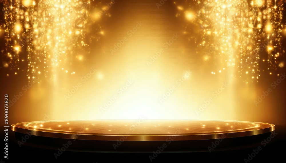 Gold stage scene with glitter light effects decorations and bokeh ...