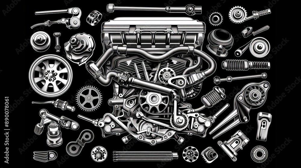 3D car engine vector drawing for technical purposes. Isolated car parts ...