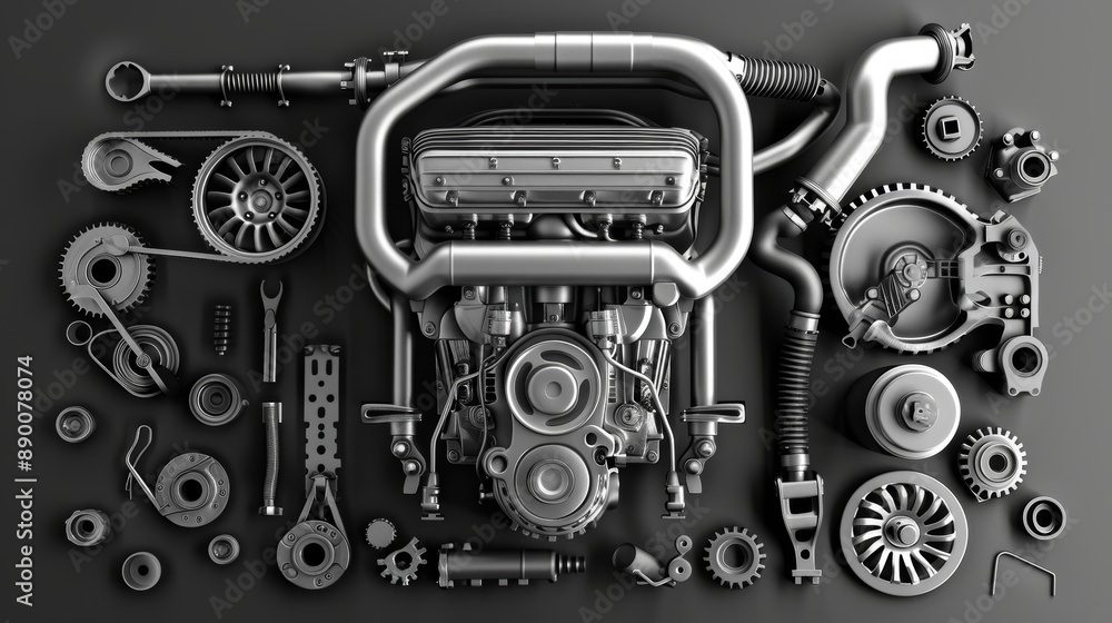 3D car engine vector drawing for technical purposes. Isolated car parts ...