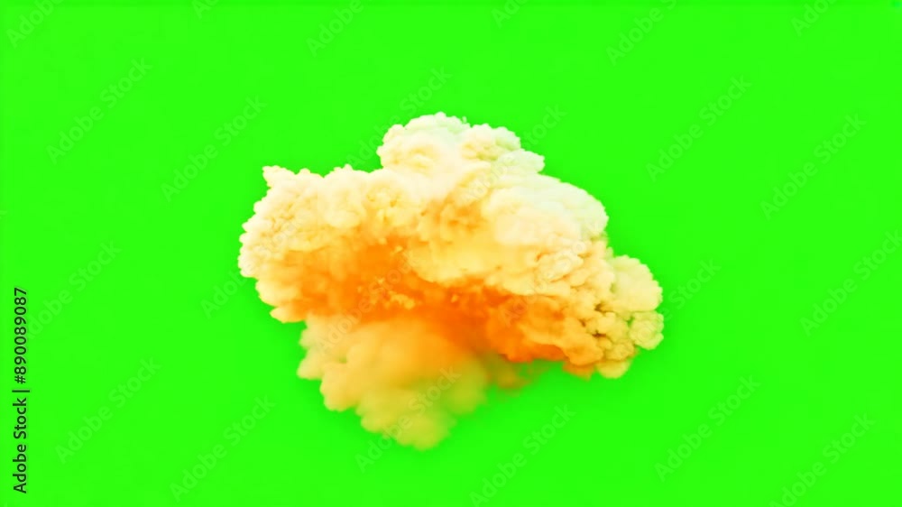 An orange and white smoke bomb explosion on a green screen background ...