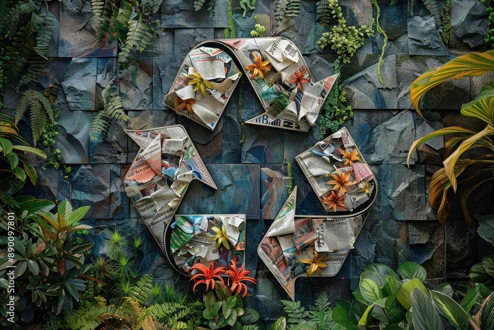 Giant recycle symbol made from crumpled newspaper and magazine ...