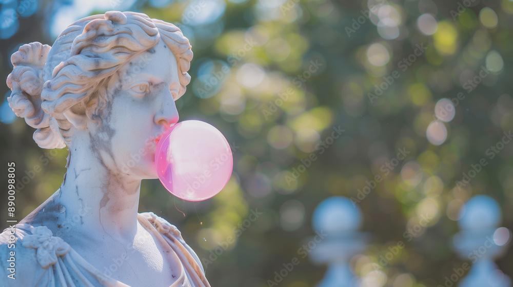 Ancient Greek marble statue of female eating pink gum and blowing a ...
