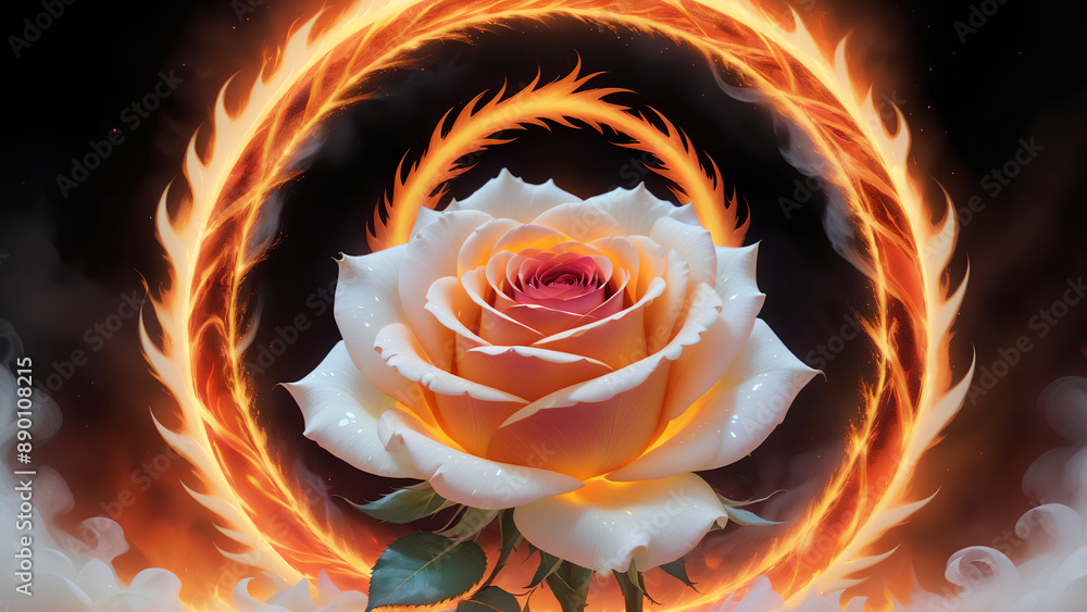 Fire Ring filled with white roses a phoenix rises from its ashes Stock ...