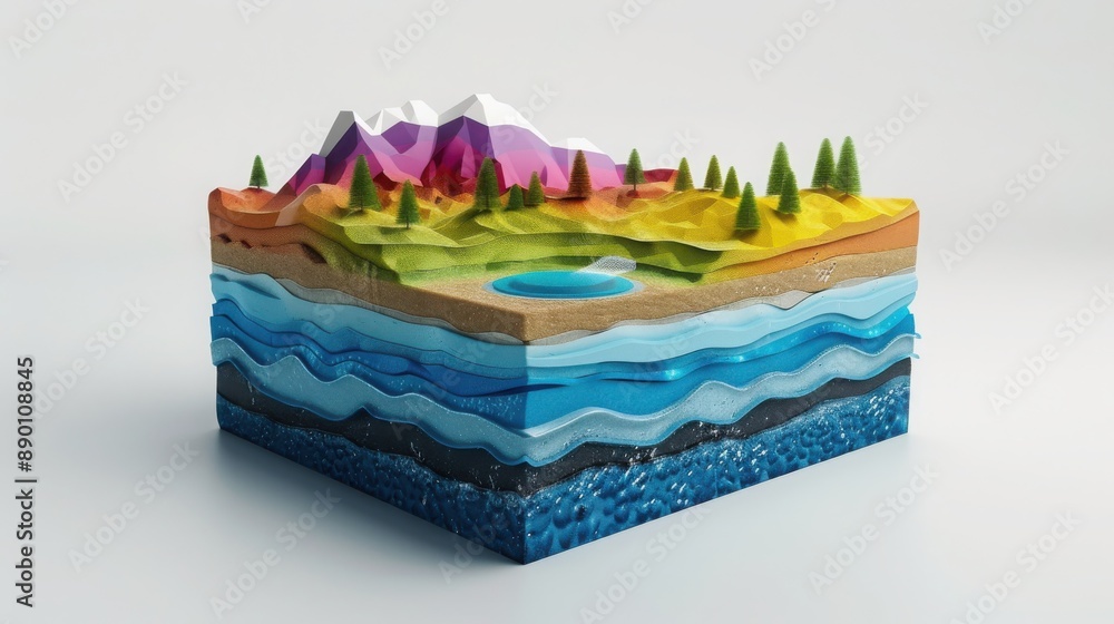 Colorful 3D geological cross-section model showcasing layers of earth ...