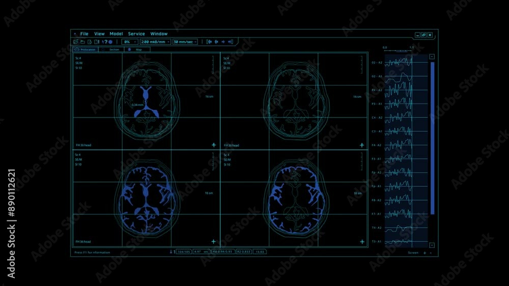 A medical monitor displays images of brain scans and an ...
