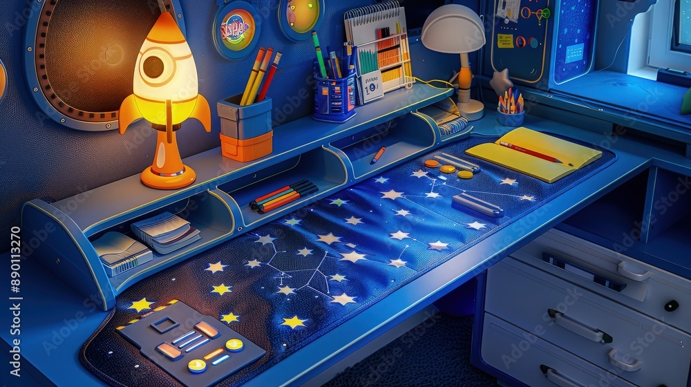 space-themed desk with a starry desk mat, a lamp shaped like a rocket ...