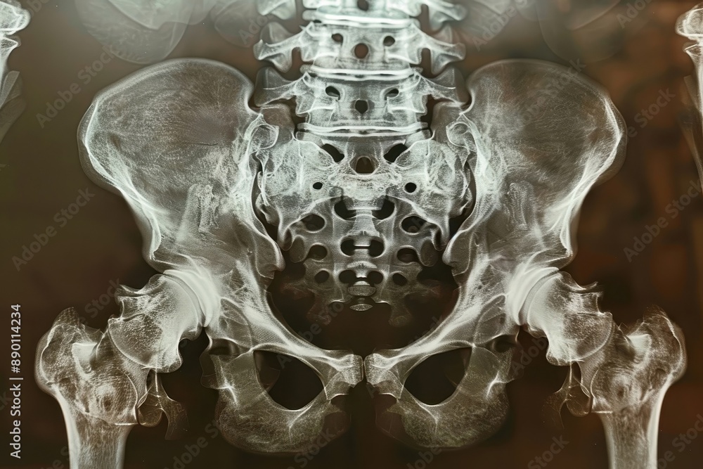 X-ray shows a bone fracture and internal fixation devices. ilustração ...