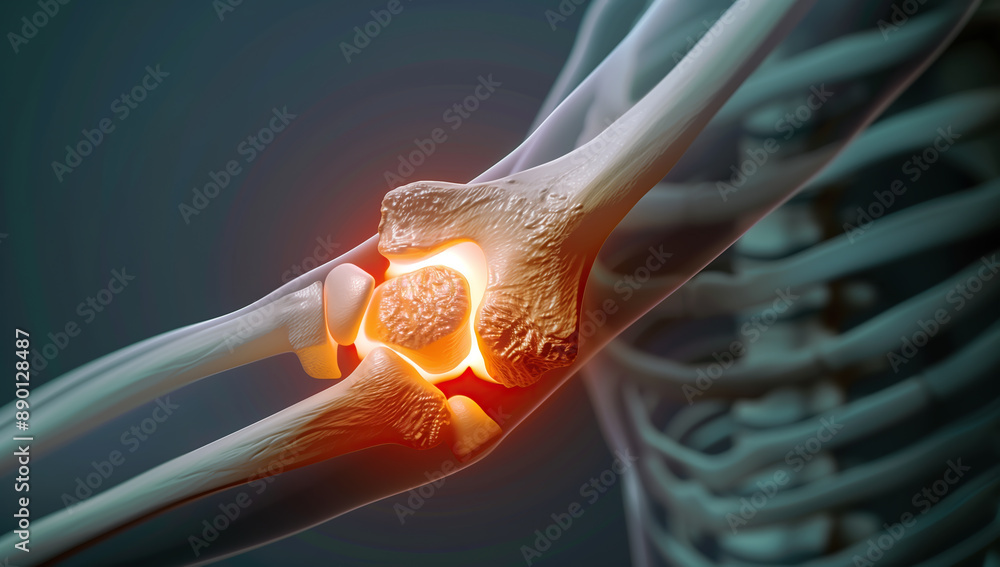 A 3D model of an elbow joint is shown, highlighting areas of pain and ...