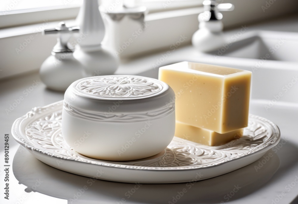 luxurious kitchen soap dish set displayed clean white surface, cooking ...