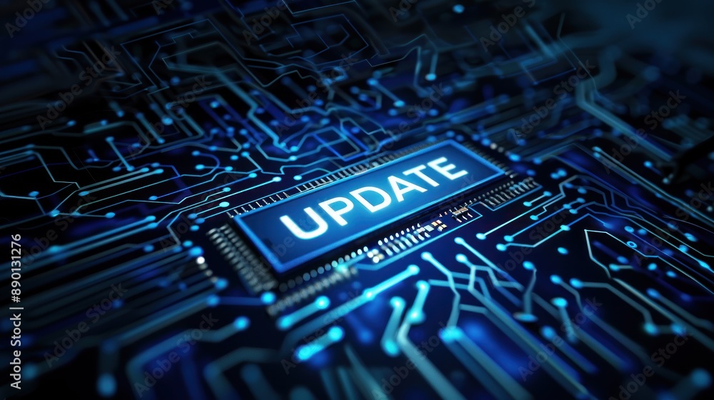 Blue circuit board background with the word Update representing software update technology and ...