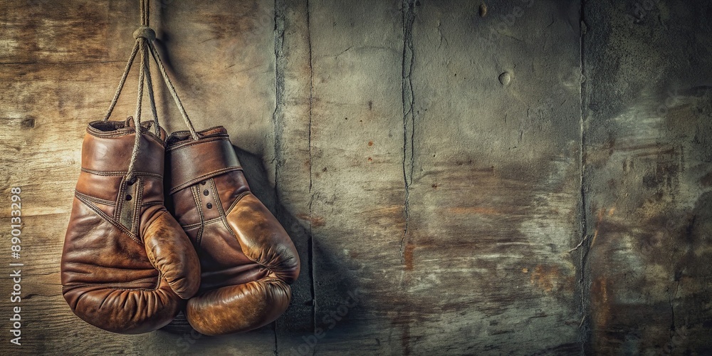 Vintage boxing corner with worn leather gloves hanging up on the wall ...