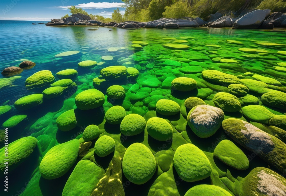 shallow water algae covered rocks, green, aquatic, marine, underwater ...