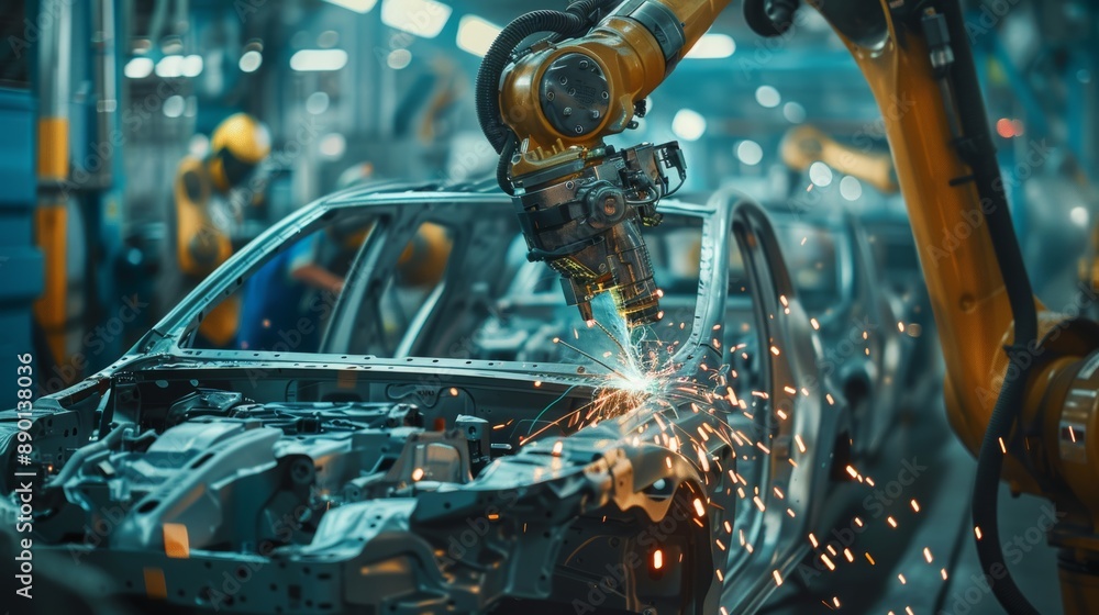 Robot welding in the car factory with sparks Industrial steel welder in ...