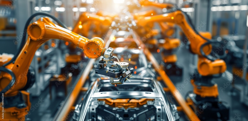 This robotic assembly line in the automotive industry features multiple ...