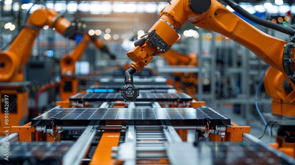 An industrial robot handling solar panels on a conveyor belt in a ...