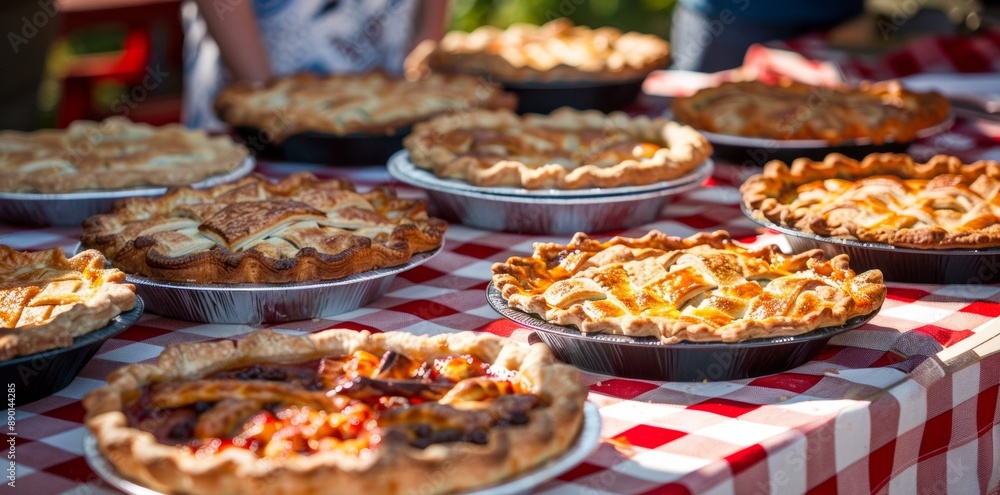 A table brimming with an array of pies, all meticulously prepared and ...