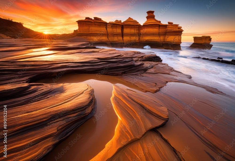 dramatic eroded sandstone formations along coastline, sea, ocean, rocks ...