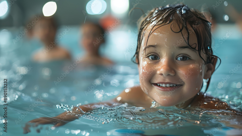 Young kids learning to swim with a lifeguard, safety and guidance ...