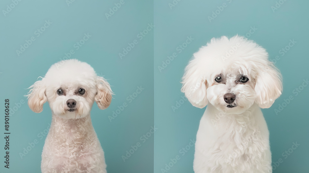 Before and after grooming, a white Bichon Frise dog looks transformed ...