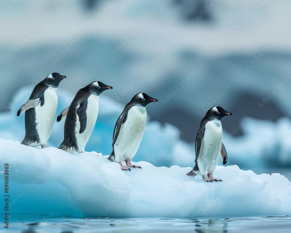 Four penguins stand proudly on an ice sheet in a cold, icy landscape ...