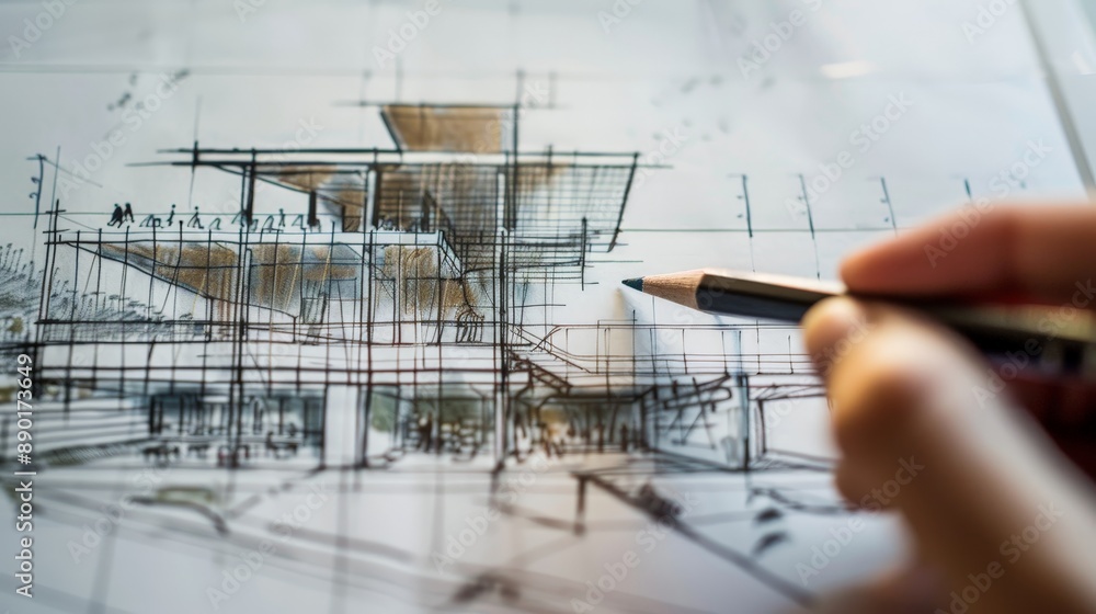 Depict an architect sketching the plans for a modern art gallery ...