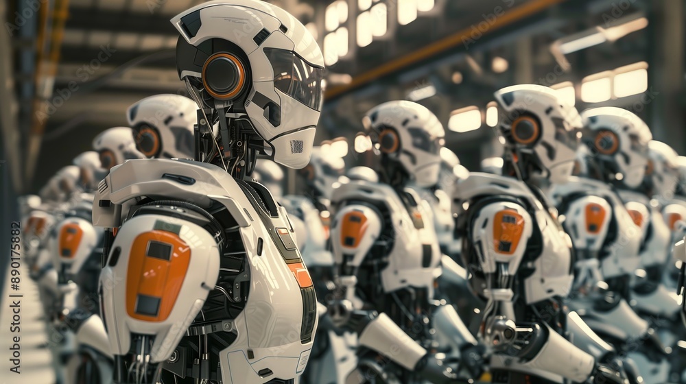 Humanoid robots collaborate in a factory, enhancing productivity and ...