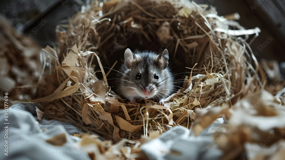 Closeup of a mouse's nest made from shredded paper and fabric in a ...