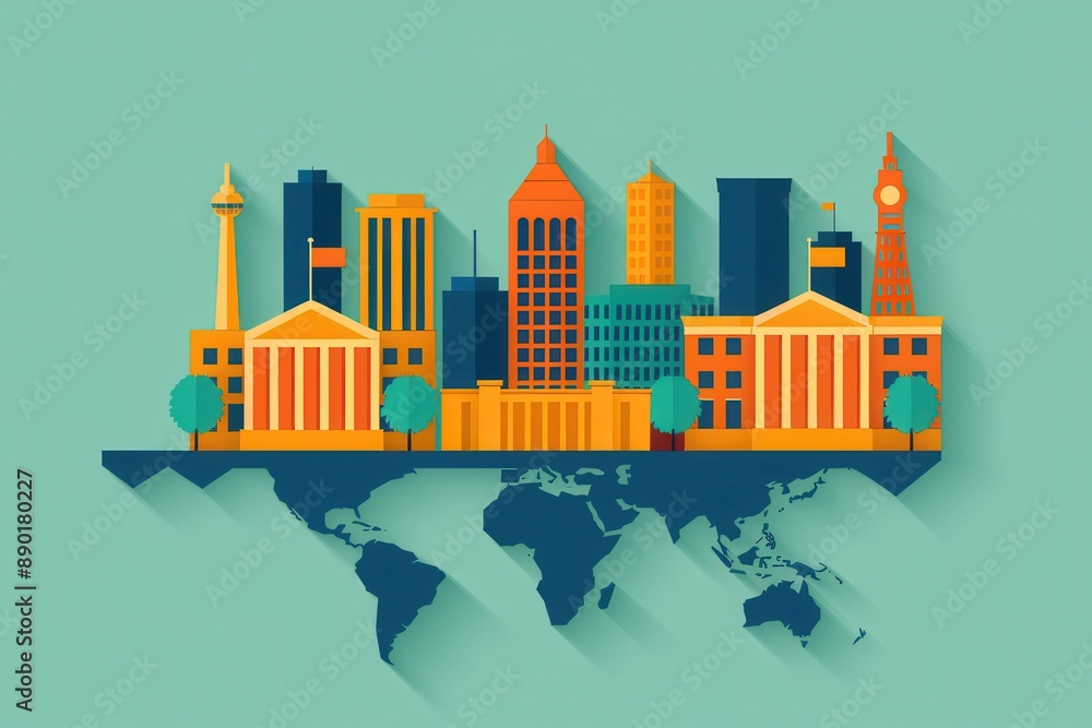 Illustration of a colorful cityscape with various buildings and ...