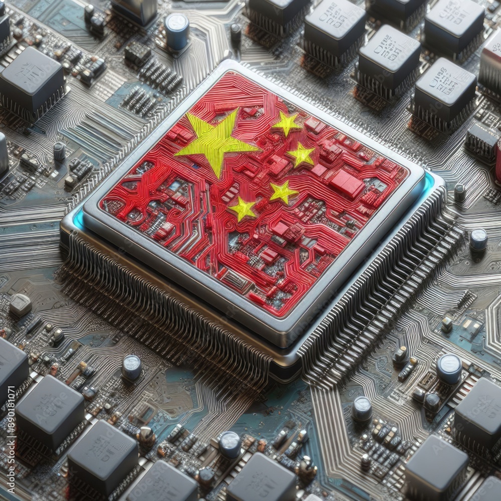 Flag of China on a processor, CPU Central processing Unit or GPU ...