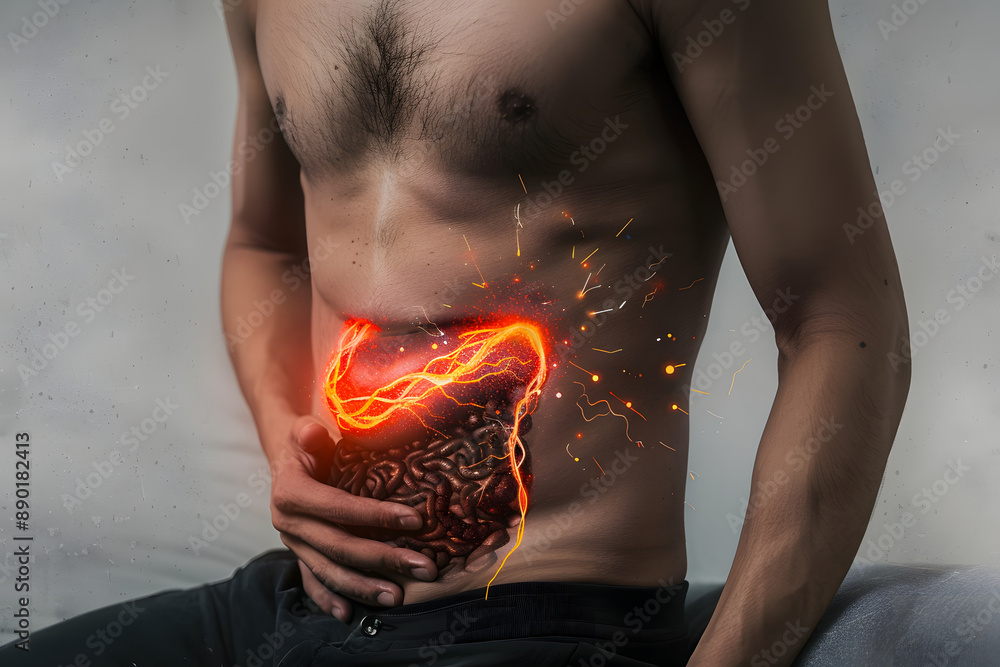 Acid reflux or Heartburn, The photo of stomach is on the men's body ...