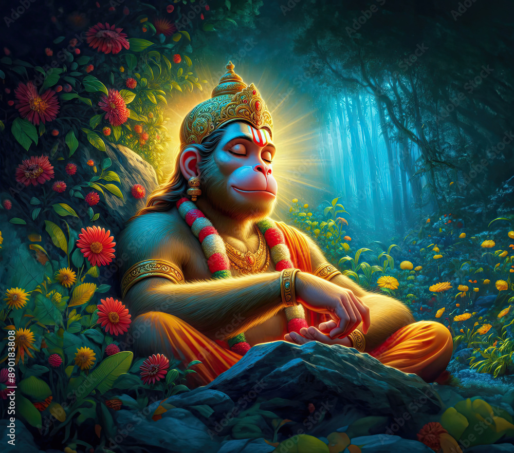 lord Hanuman in deep meditation chanting the name of lord Rama, blue ...