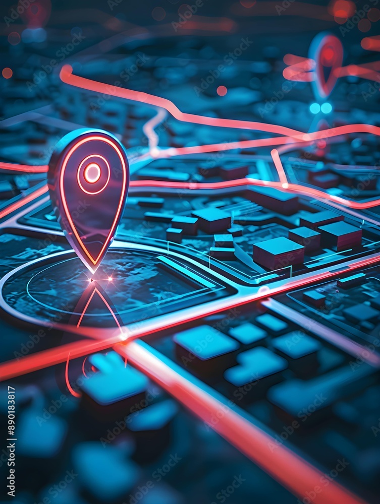 A digital map displaying a location with two pins set, representing AI technology in GPS ...