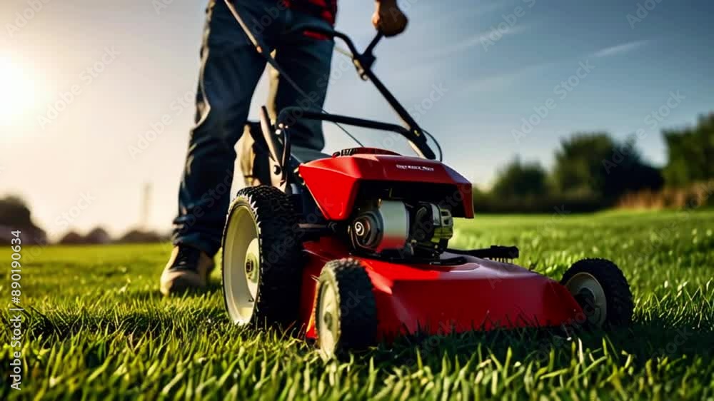 Close-up of a red lawnmower with shiny engine and black handles on lush ...