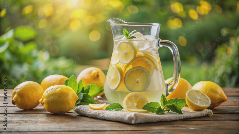 A refreshingly vibrant still life of a crystal clear glass pitcher ...