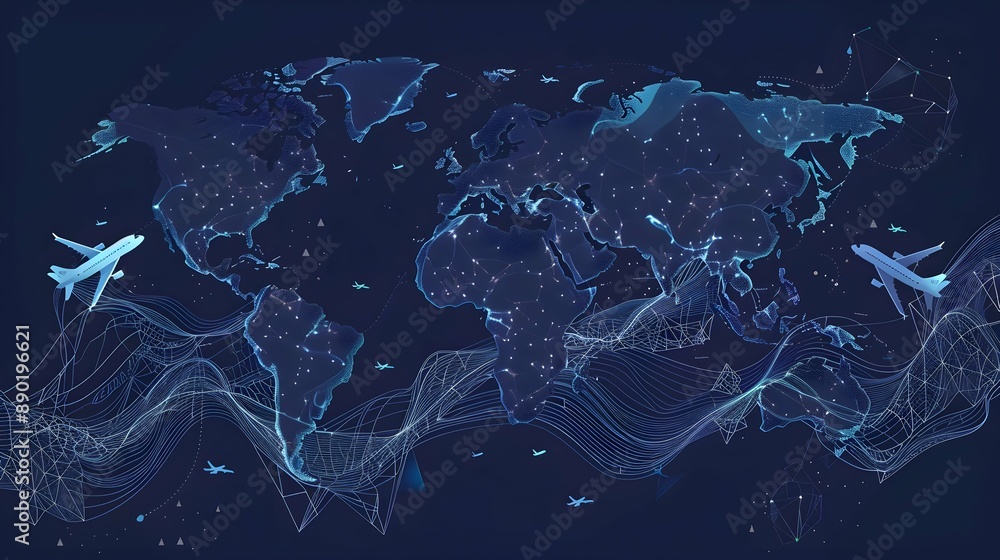 Abstract background - Airplanes fly over the world map - Planes routes ...