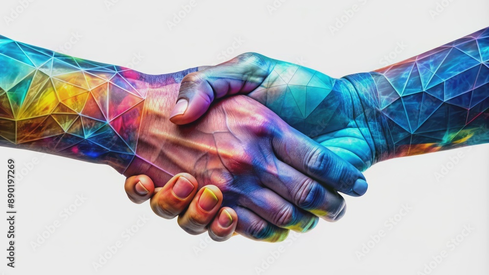 A stylized graphic representation of a handshake formed by two abstract ...