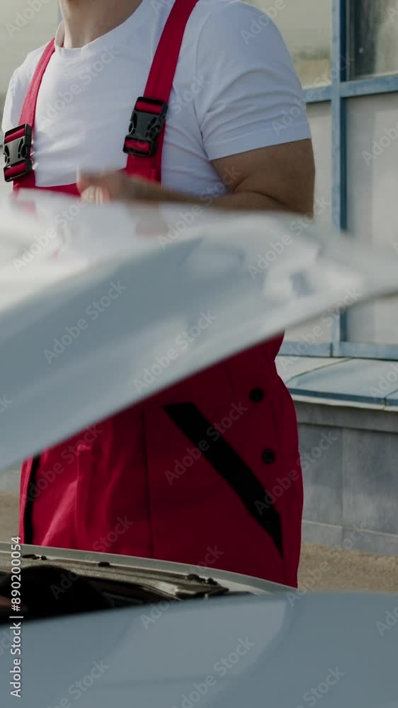 Vertical video.A man dressed in a red work uniform carefully closes the ...