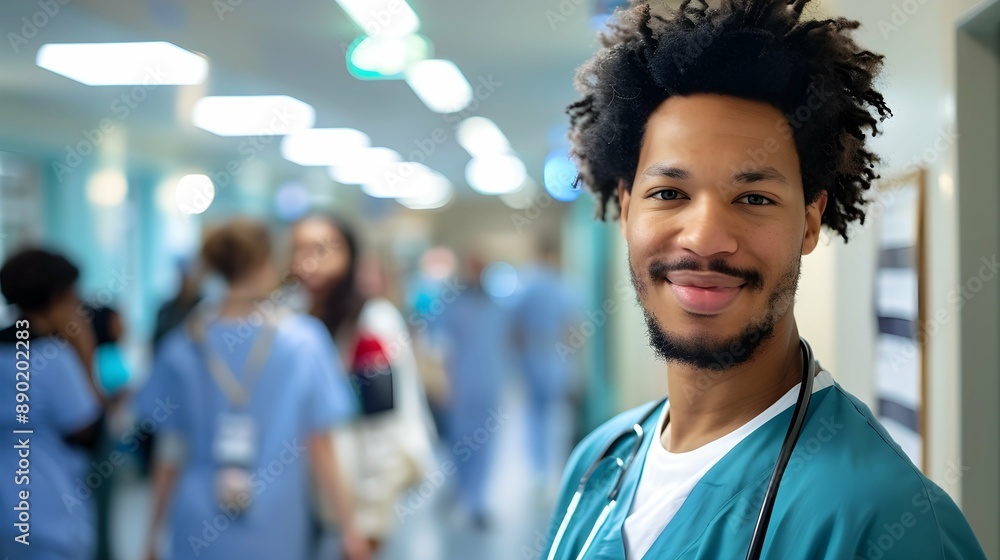 Afro-haired male midwife standing confidently in a busy hospital ...