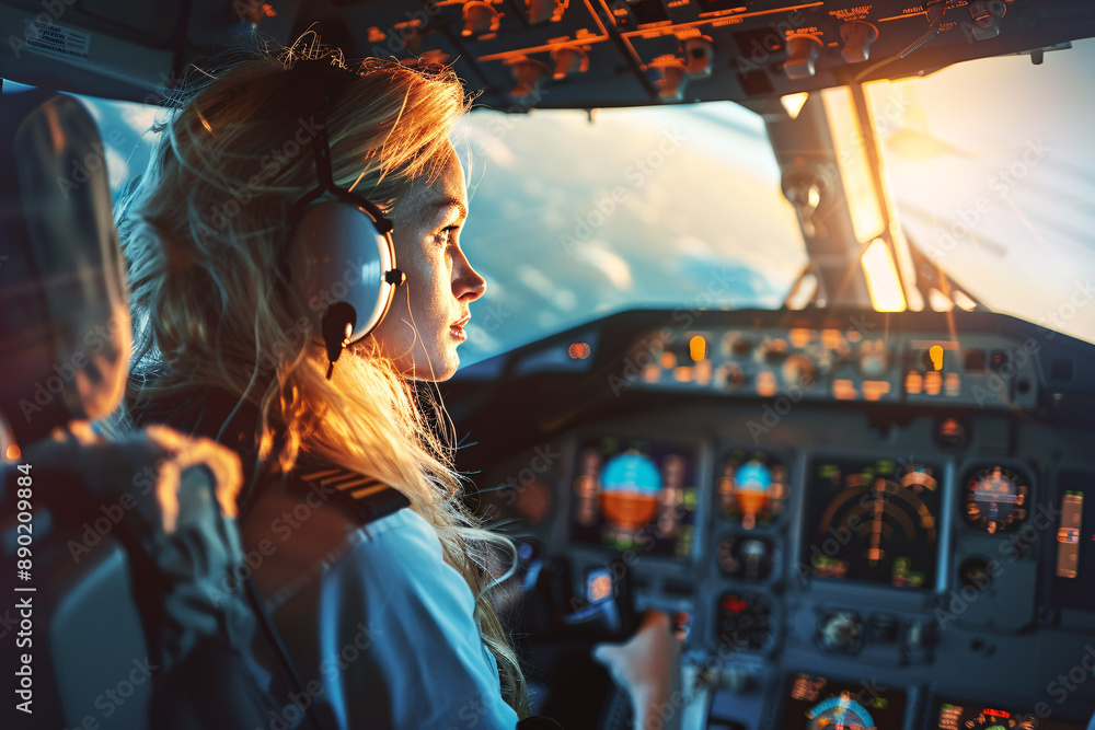 Female pilot in cockpit operating aircraft, illuminated by sunset light ...