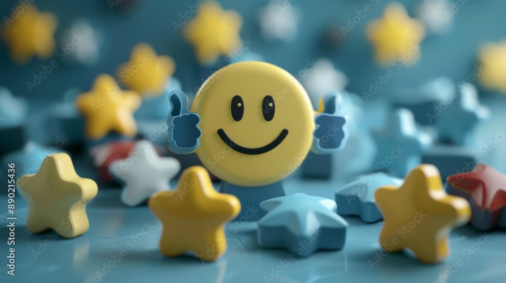 Smiley face surrounded by positive symbols, thumbs-up gestures, stars ...